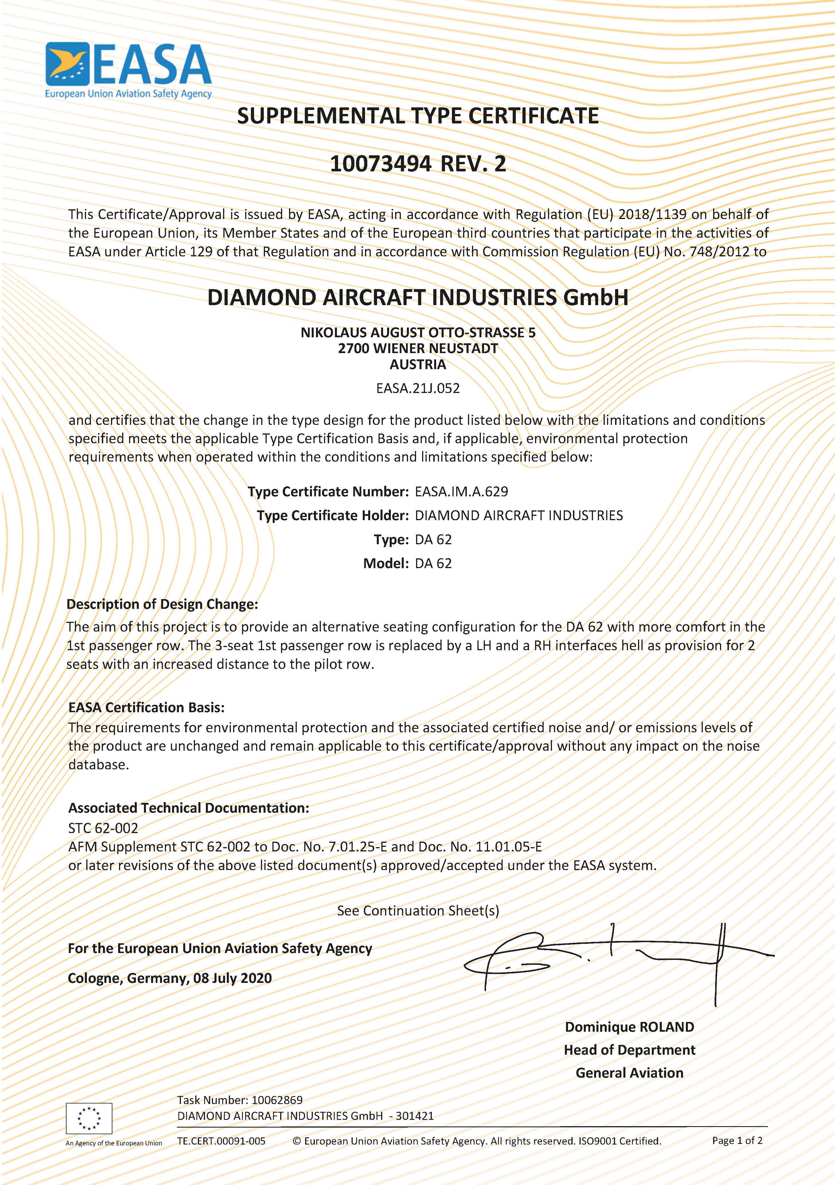 Diamond received “Single Seat STC” on DA62 MPP - Diamond Aircraft ...